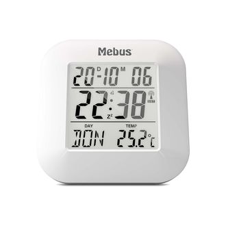 Mebus digitaler Funk-Wecker mit Thermometer, Datumsanzeige und Beleuchtung, Snooze-Funtion, Material: Kunststoff, Farbe: Weiß, Modell: 51511