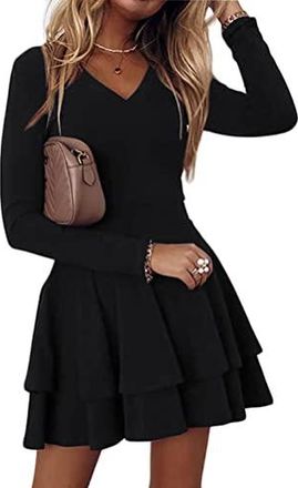 TOMWELL Robe Femme Mi-Longue Vintage Plissée Au Genou Chic Et Élégante Pour Soirée, Party, Cérémonie, Cocktail - Robe De Plage Midi Décontractée A Noir M