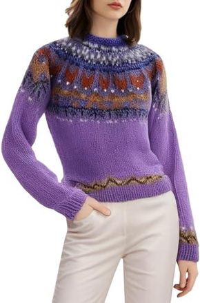 Generic Fair Isle Pull Fair Isle pour femme, manches longues, imprimé vintage islandais, rétro, doux, chaud, décontracté, élégant, automne, hiver, vacances, c
