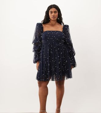 Asos Curve T&uuml;ll-Babydoll-Kleid mit Perlenverzierung in Marineblau