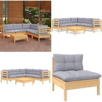 vidaXL 6-tlg. Garten-Lounge-Set mit Grauen Kissen Kiefer Massivholz - Gartenger&auml;te - Lounge M&ouml;bel - Gartenm&ouml;bel Set - Kiefernholzm&ouml;bel - Outdoor Furniture