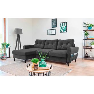 Mørteens home24 Ecksofa mit Longchair Grau/Dunkelgrau Samt Krysia 233 x 90 x 148cm Longchair davorstehend links mit Schlaffunktion Glamour