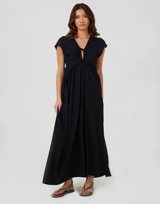 Brave Soul Robe mi-longue en jersey textur&eacute; avec col V et d&eacute;tail nou&eacute; - Noir