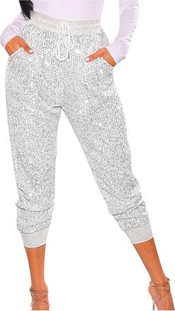 Generic Freizeithose Damen Glitzer Pailletten Hosen Hohe Taille Dehnbar Hip Hop Club Gl&auml;nzende Hose Elegant Jogginghose Party Club Kost&uuml;m mit Drawstring Baggy