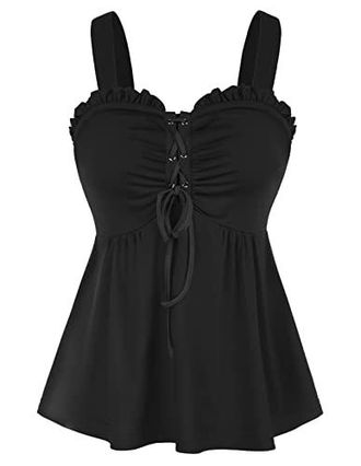 Belle Poque D&eacute;bardeur pour Femme sans Manches avec Volants, Ligne A, Camisole, f&ecirc;te, Loisirs, Plage, Noir, M