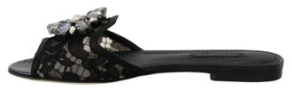 Dolce & Gabbana Womens Black Taormina Lace Slides Crystals Flats Shoes