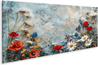 Islandburner Prime Bild auf Leinwand Buntes Blumenfeld mit roten Mohnblumen wei&szlig;en G&auml;nsebl&uuml;mchen gelben Blumen nahe Grauer Wand Bilder Wandbilder Poster