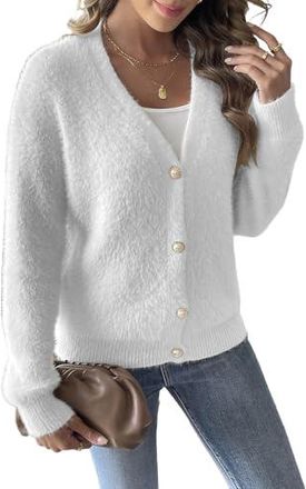 Generic Gilet Femme Duveteux Col V Manches Longues Boutonné Pull Tricoté Hiver Tendance Manteau