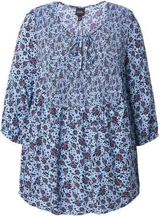 Ulla Popken Longbluse Smokbluse gemustert Rundhals 3/4-Arm Krepp