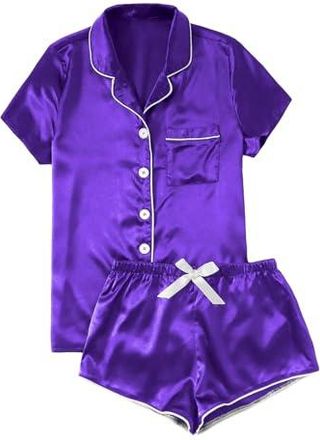 Generic Ensemble pyjama en velours pour femme - Couleur unie - Avec revers - Chemise &agrave; manches courtes et short confortable - V&ecirc;tement de nuit surdimensionn&eacute; 