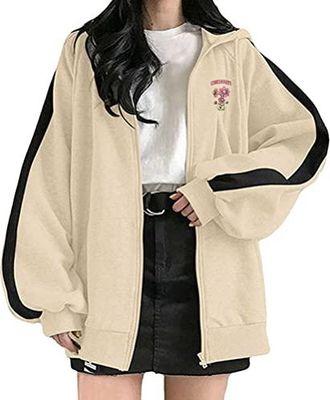 Onsoyours Femme Sweat à Capuche Rayé Manchette Sweat Shirt Pull Zippé Casual Hoodie Veste Manteau à Poche Manche Longue Haut Mode Automne Hiver C Abricot M