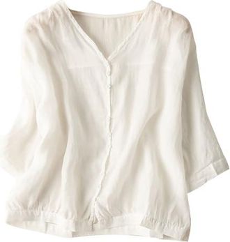 Generic Top Manches Longues Femme Bouton Chemise Oversize Femme Grande Taille Chemisier Col V Chemisiers en Coton Et Lin Haut D&eacute;contract&eacute; Ample Top Couleur Un