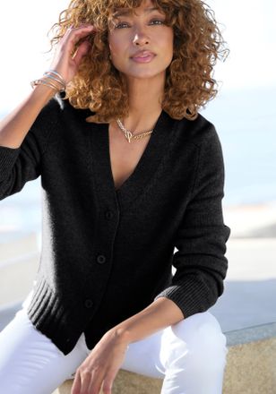 Lascana Strickjacke LASCANA, Damen, Gr. 32/34, blau (schwarz), Strick, Obermaterial: 100% Kaschmir, unifarben, figurumspielend h&uuml;ftlang, V-Ausschnitt, Rippstr