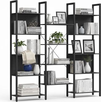 Relaxdays B&uuml;cherregal, 14 Ablagen, Holzoptik & Metall, Standregal Wohnzimmer, HBT: 166 x 158 x 24 cm, Buchregal, schwarz