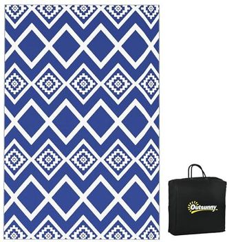 OUTSUNNY Outdoor-Teppich, Kunststoffteppich mit Tragetasche, Wasserabweisender Balkonteppich, für Camping, Terrasse, Blau+Weiß, 182 x 274 cm