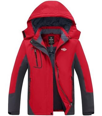 Wantdo Femme Veste de Ski Isolante Imperm&eacute;able Veste Hiver Chaude Veste de Pluie Coupe-Vent Blouson de Ski Snowboard Veste dhiver &agrave; Capuche Amovible Rouge202