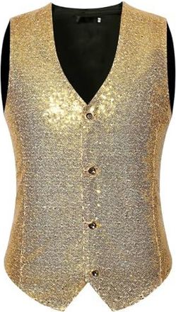 Generic Gilet court &agrave; paillettes pour homme, gilet confortable uni de qualit&eacute; sup&eacute;rieure et luxueux, &agrave; simple boutonnage et coupe ajust&eacute;e, gilets tendance &agrave; p