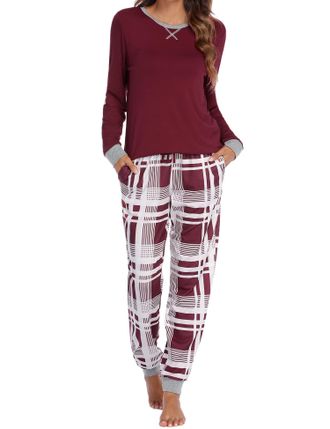 Ekouaer Damen Schlafanzug Lang Zweiteiliger Pyjama Set Rundhals Hausanzug Sleepwear Nachtwäsche Oberteil und Hose Rot,Plaid
