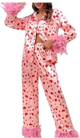 Generic 2026 Cadeau de Saint-Valentin pour femme Mode d&eacute;contract&eacute;e imprim&eacute;e chemise &agrave; manches longues pantalon ensemble deux pi&egrave;ces, Rouge, XXL