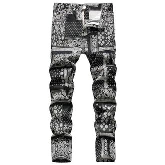 Generic Pantalon en jean imprimé artistique pour homme, motif unique Y2K, pantalon streetwear avec cinq poches classiques pour une déclaration de mode audacie