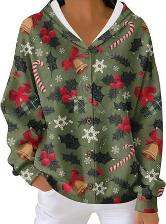 Generic Sweat à capuche de Noël pour femme avec boutons et col en V - Cardigan à manches longues - Imprimé amusant - Pull à capuche décontracté pour les vacan