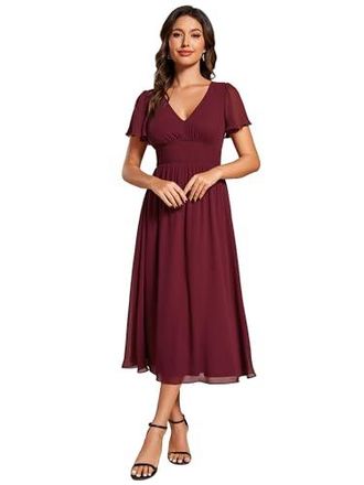 Ever-pretty Robe de Soir&eacute;e Femme Taille Empire Col V Manches Courtes pour Invit&eacute; Mariage Chic Bordeaux 42