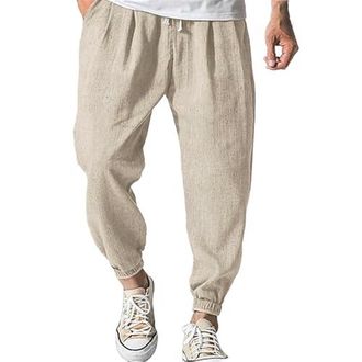 Generic Pantalon de jogging confortable en coton et lin pour homme - Coupe ample - Cordon de serrage - Taille &eacute;lastique - Pantalon de yoga - Pantalon de plage