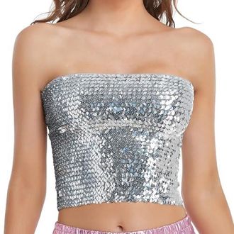 Generic Haut &agrave; paillettes arc-en-ciel pour femme - Haut tube &agrave; paillettes pour femme - Couleur unie - Tunique brillante d&eacute;contract&eacute;e - Corset scintillant - Ha