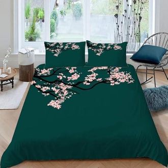 Generic Housse de Couette 220x240 Branches de Fleurs Vert Fonc&eacute; Parure de Lit Style Chinois 3D Douce Respirante Microfibre Housse Couette 2 Personne avec Ferm