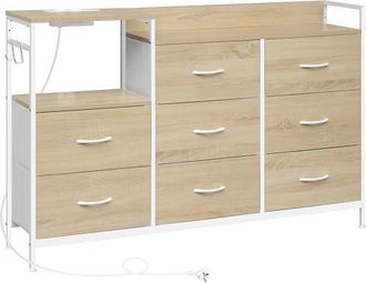 Woltu Commode à 8 Tiroirs, Commode avec Station de Charge, Tiroirs en Tissu et Crochets, pour Salon, Chambre à Coucher, en Métal et Bois dIngénierie E1, Chê