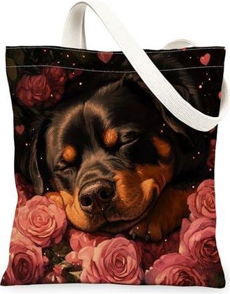 Generic Rottweilers Sac fourre-tout en toile pour le shopping Motif roses romantiques 33 x 38 cm, sac d&eacute;picerie r&eacute;utilisable pour femme, animal domestique, vo