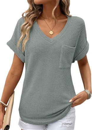 Dokotoo T-Shirts Damen Sommer Oberteile Kurzarm Waffel Strick Tops V-Ausschnitt Kurze &Auml;rmel Pullover Bluse Oberteil Locker L&auml;ssig Basic Einfarbig Tunika Bluse