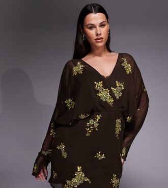 Asos Curve ASOS DESIGN Curve - Robe courte ornement&eacute;e &agrave; manches chauve-souris et bretelles en dentelle - Chocolat et citron vert-Brown