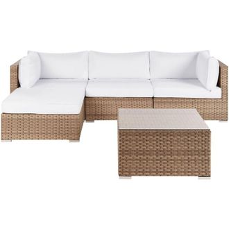 Beliani Garten Ecksofa mit Tisch 4-Sitzer SANO rechtsseitig modular Polyrattan Naturfarben