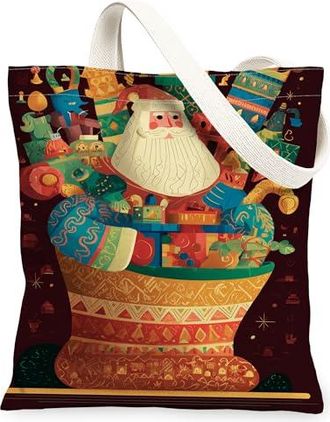 Generic Sacs fourre-tout en toile motif P&egrave;re No&euml;l, sacs &agrave; provisions r&eacute;utilisables, amusants et l&eacute;gers et lavables avec bandouli&egrave;re, Color&eacute;, 13x15 Inch