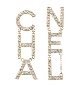 Chanel Gold-Tone Crystal Embellished Logo Earrings