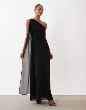 Tfnc Robe longue asym&eacute;trique en mousseline effet drap&eacute; &agrave; taille torsad&eacute;e - Noir
