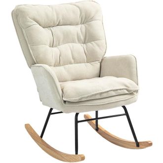 HOMCOM Fauteuil &agrave; bascule - HOMCOM - dossier et assise larges rembourr&eacute;s - base en bois de h&ecirc;tre - tissu en chenille - 71x98,5x97cm - beige