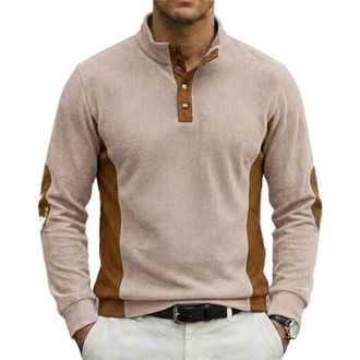 Generic Polo en velours c&ocirc;tel&eacute; d&eacute;contract&eacute; &agrave; manches longues et col montant boutonn&eacute; Henley pour homme, abricot, XXL