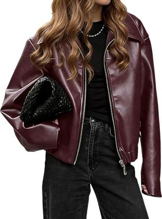 Generic Veste de moto surdimensionn&eacute;e en cuir synth&eacute;tique pour femme - Manteau de motard - Tenues tendance pour le printemps 2026, rouge vin, L