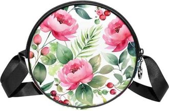 Generic Sac &agrave; bandouli&egrave;re rond pour femme, motif fleurs et feuilles, sac &agrave; dos avec fermeture &eacute;clair, bretelles r&eacute;glables, sac &agrave; main rond d&eacute;contract&eacute; pour fe