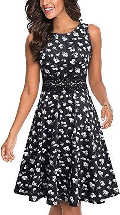 Homeyee Robe de Cocktail au Genou brodée Florale sans Manches à col Ras du Cou pour Femme UKA079 (XXL, Blanc Floral)