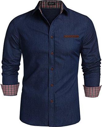 Coofandy Chemise Homme Manches Longues en Jean Denim Shirt Slim Fit Col Kent Chemise Cowboy Style Business D&eacute;contract&eacute; Bleu Fonc&eacute; XL