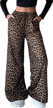 SOLY HUX Weite Hose Damen Leoparden Hosen Lange Y2K Freizeithose Hohe Taille Leoprint Palazzo Pants Breite Casualhose mit Taschen Leo XS