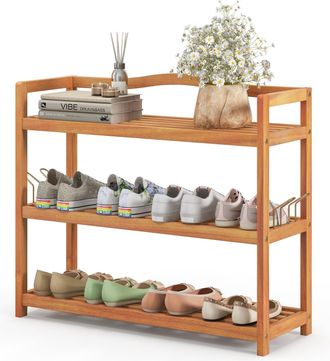 Giantex Schuhregal mit 2/3 Ebenen, Schuhablage aus Akazienholz, Shoe Rack mit seitlichen Metallhaken, jedes Fach 4-6 Paar, Schuhorganizer für Eingangsbereich 