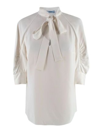 Prada V-Neck Ruched Sleeve Pussybow Blouse Size S