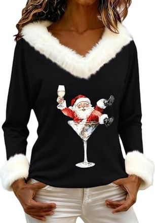 Generic Sweats de Noël à col en V en Fausse Fourrure pour Femme, Chemisiers dhiver décontractés Confortables et Chauds avec col en Peluche imprimé Père Noël à