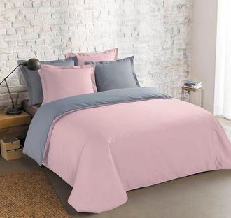 Vision Streetwear Parure de couette 100% coton - 1 housse de couette 200x200 cm REVERSIBLE + 2 taies doreiller 65x65 cm gris et vieux rose