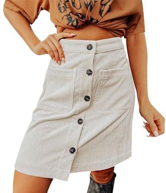 Generic Jupes de tennis en velours c&ocirc;tel&eacute; taille haute boutonn&eacute;e avec poches pour femme, blanc, L