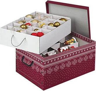 Kreher Bo&icirc;te de d&eacute;coration de No&euml;l XL avec inserts pour environ 40 boules de No&euml;l en carton solide avec poign&eacute;es en plastique Rouge avec flocons de neige